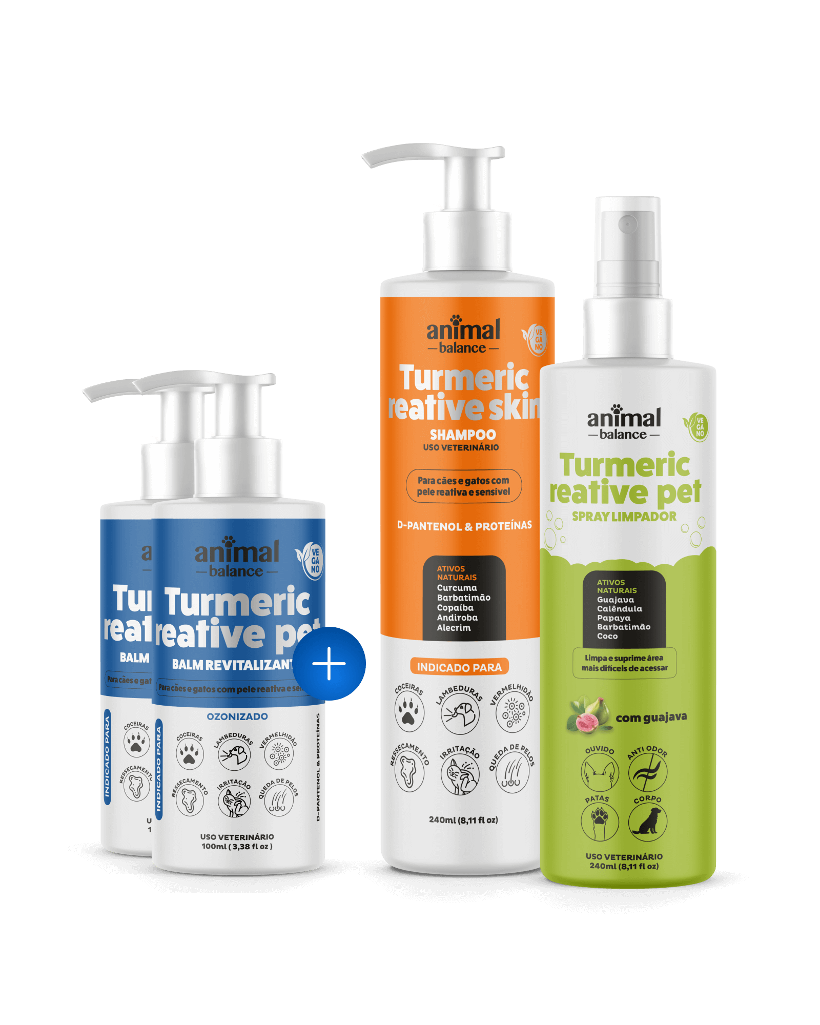 2 Balms Reestruturante + 1 Shampoo Curcuma + 1 Spray Limpador Calmante